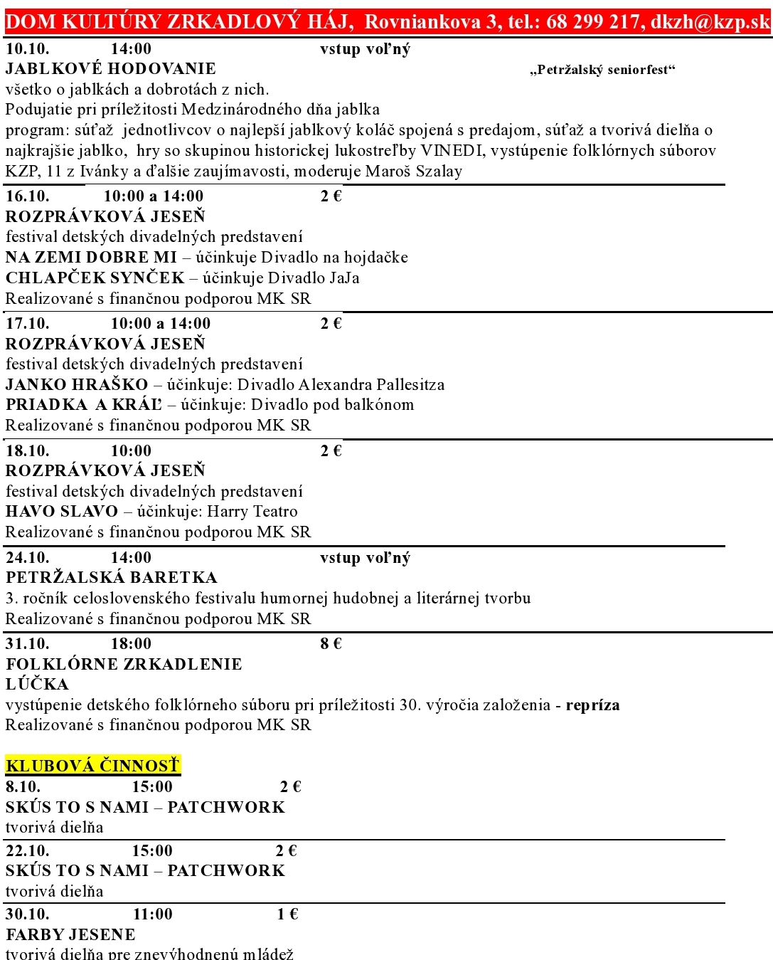 Októbrový program KZP | SDEŤMI.com