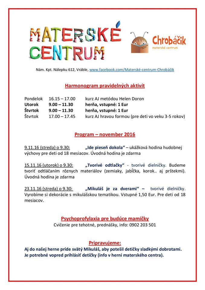 Novembrový program v MC Chrobáčik | SDEŤMI.com